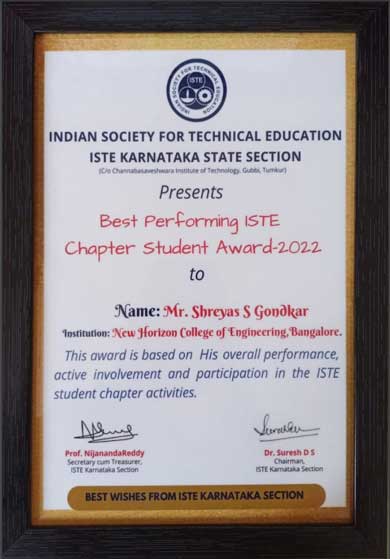BEST PERFORMING ISTE CHAPTER STUDENT AWARD-2022 - Information Science & Engineering